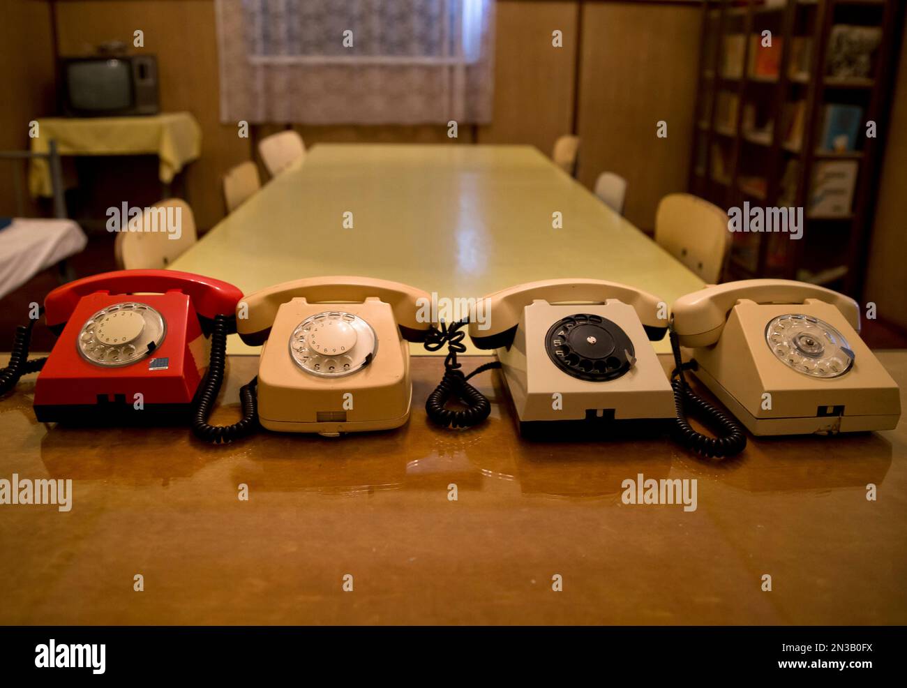 A picture taken on Dec. 15, 2014 shows telephones, including the ...
