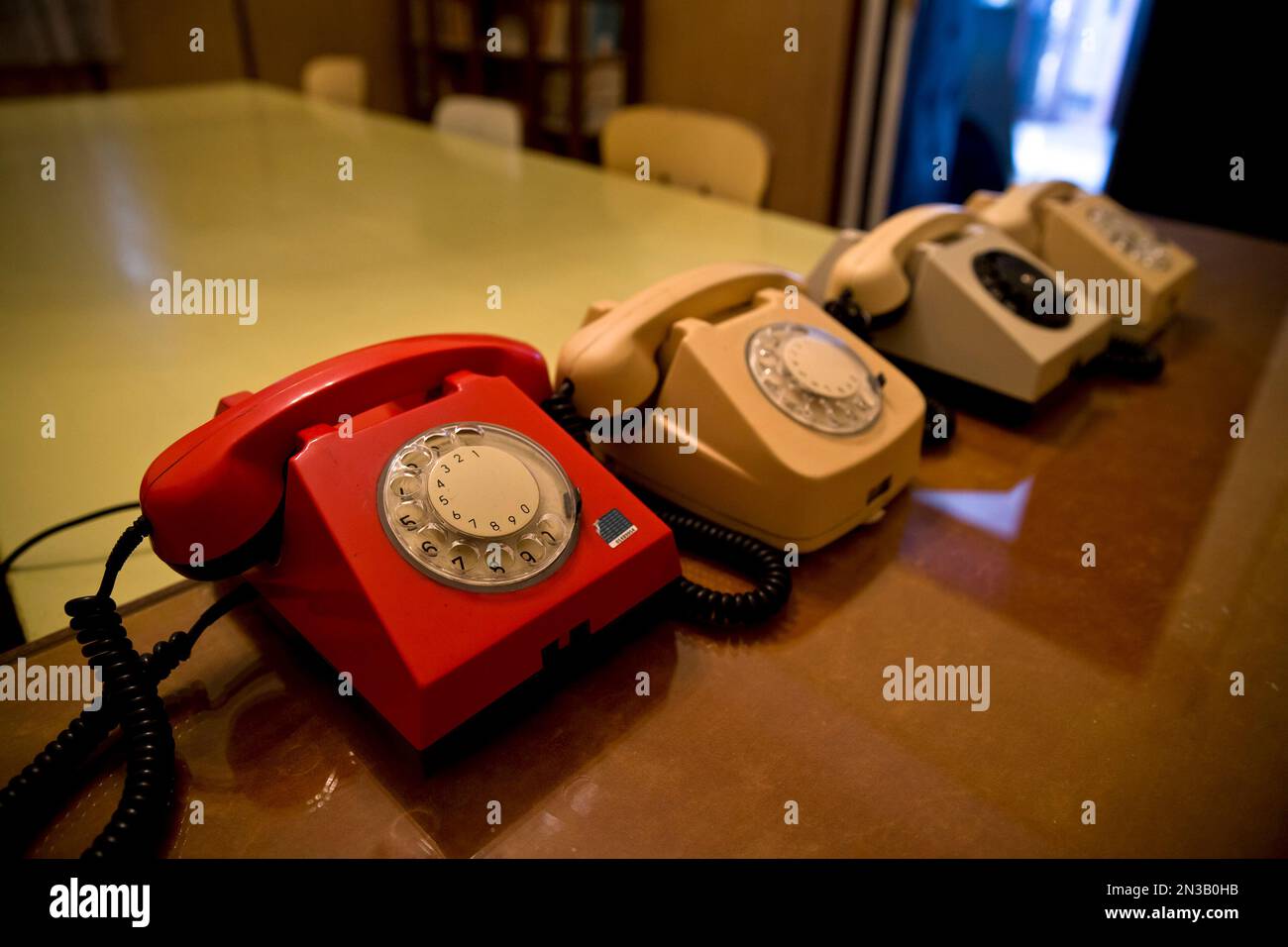 A picture taken on Dec. 15, 2014 shows telephones, including the ...