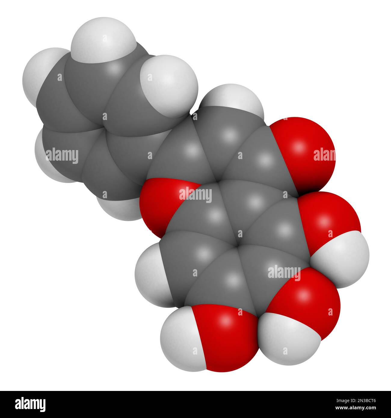 Molécule flavonoïde de Baicalein. 3D rendu. Les atomes sont représentés ...