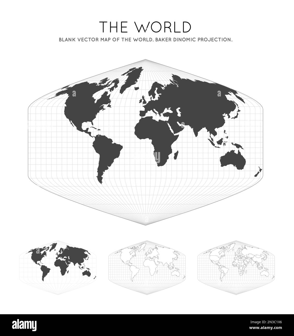 Carte du monde. Projection Baker Dinomic. Globe avec des lignes de latitude et de longitude ...