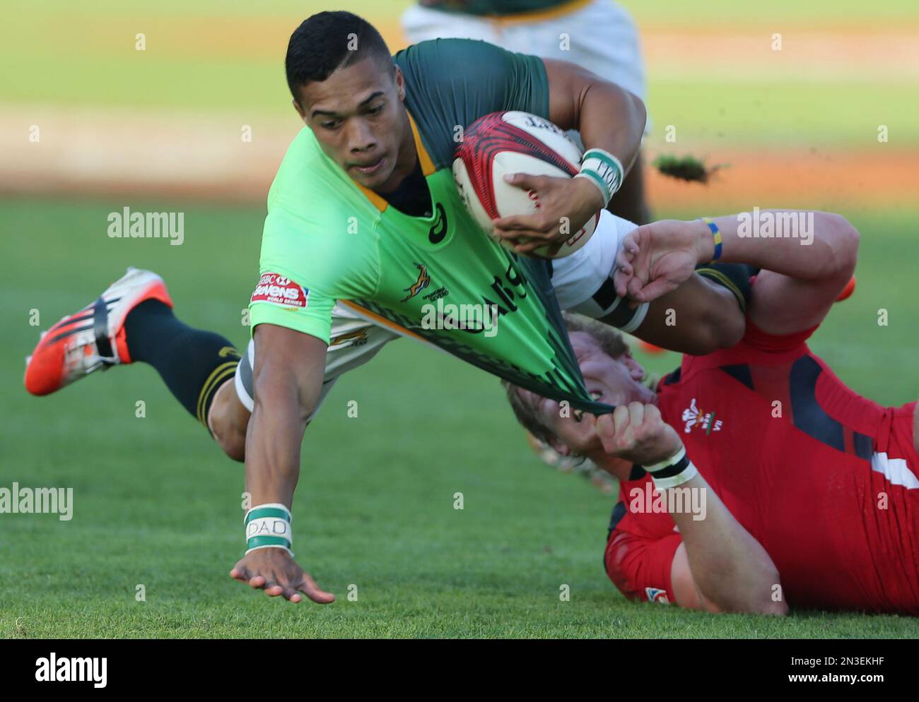 South Africa's Cheslin Kolbe is tackled by Wales Jevon Groves during a ...