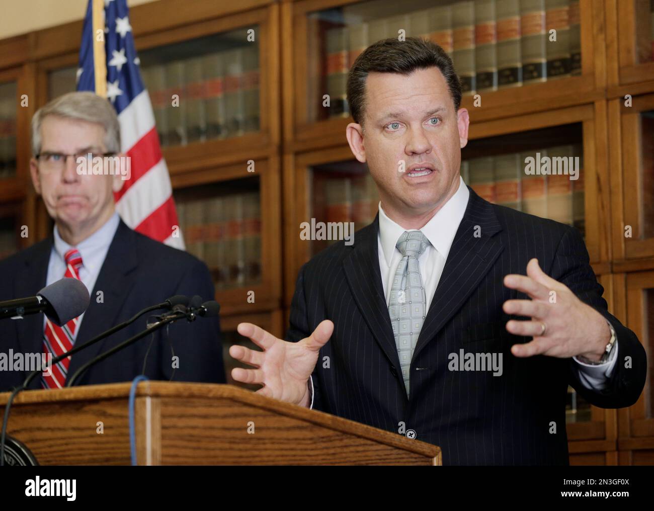 Nebraska Attorney General Jon Bruning speaks at a news conference with ...