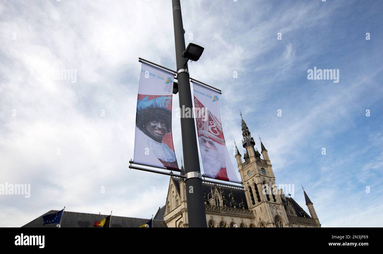 A banner with a picture of Sinterklaas (St. Nicolas) and Zwarte Piet ...