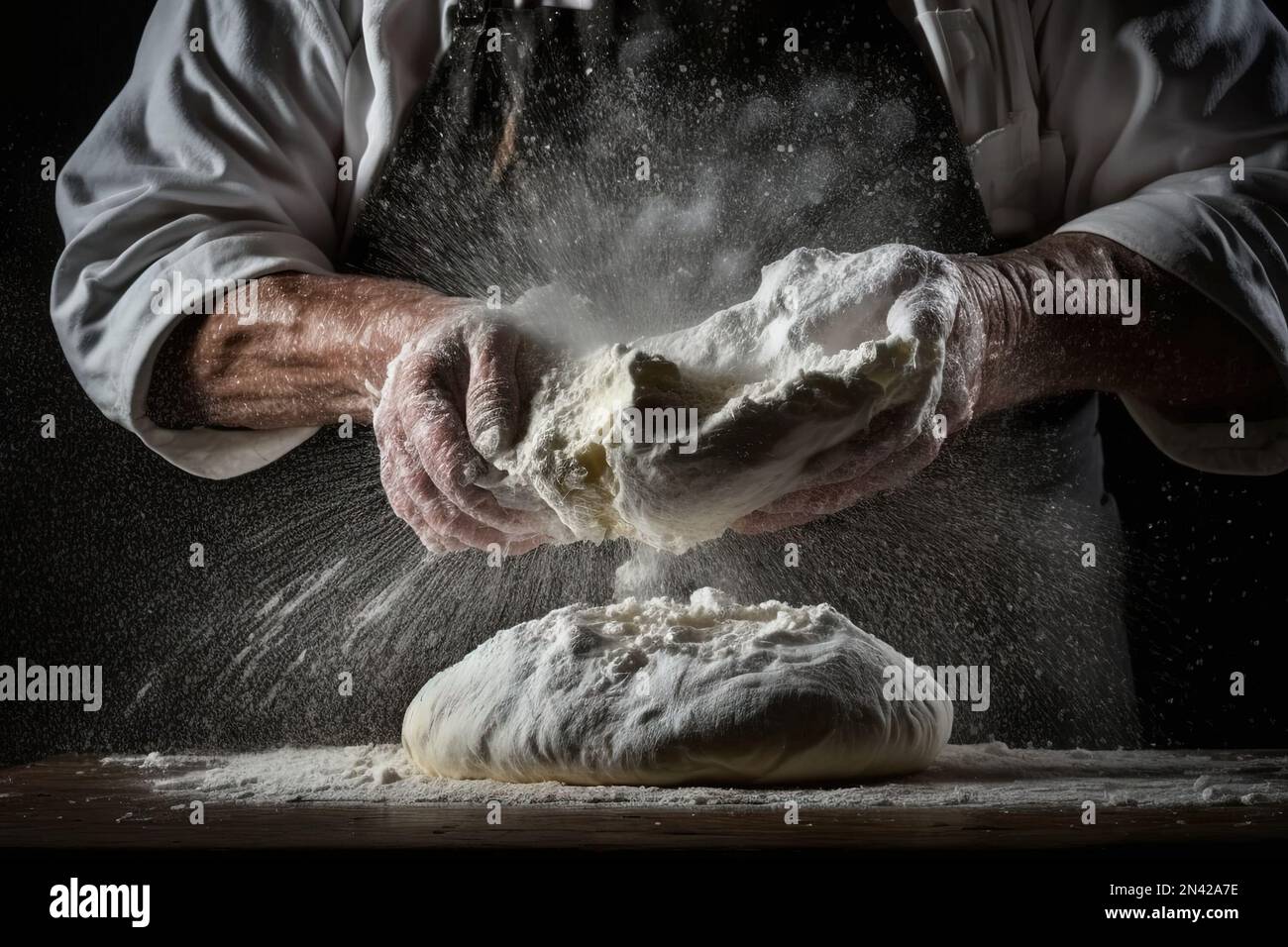 Un homme préparant de la pâte à pain sur une table en bois dans une ...