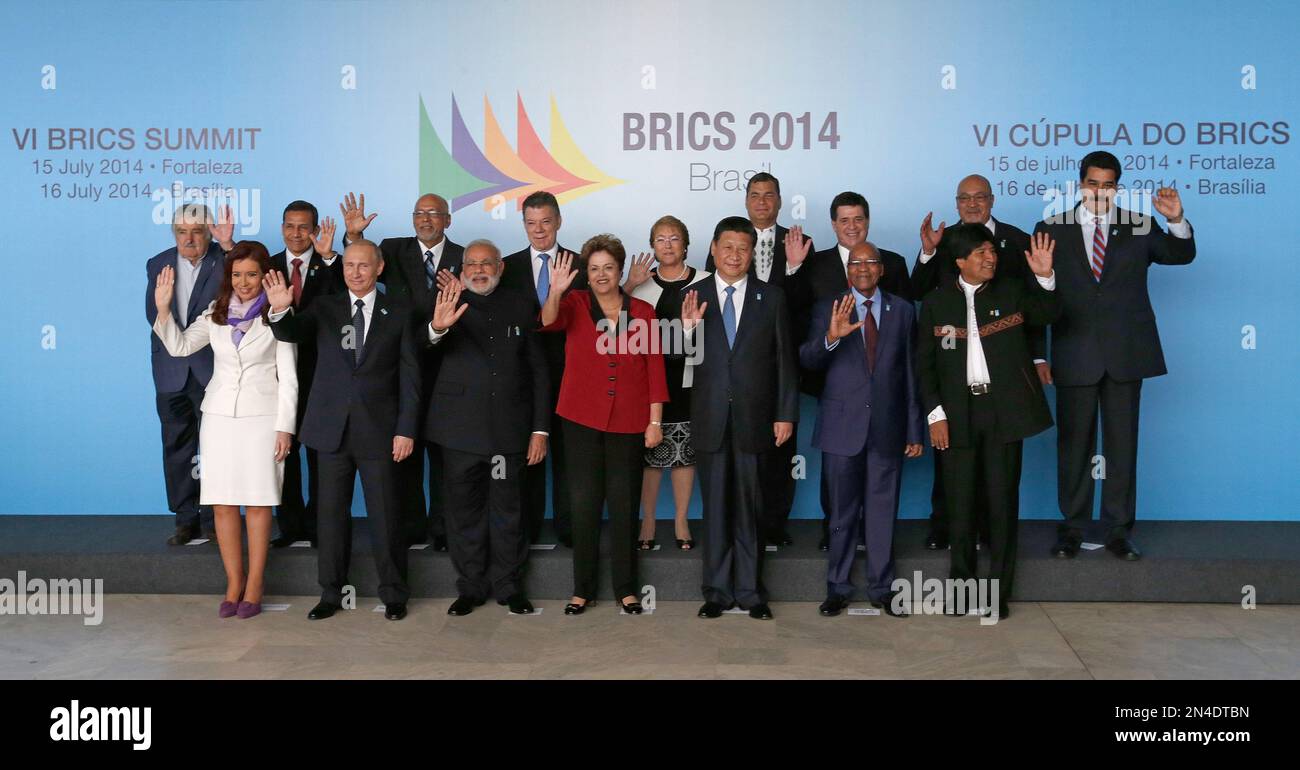 Leaders of the BRICS and South American nations pose for a group photo ...