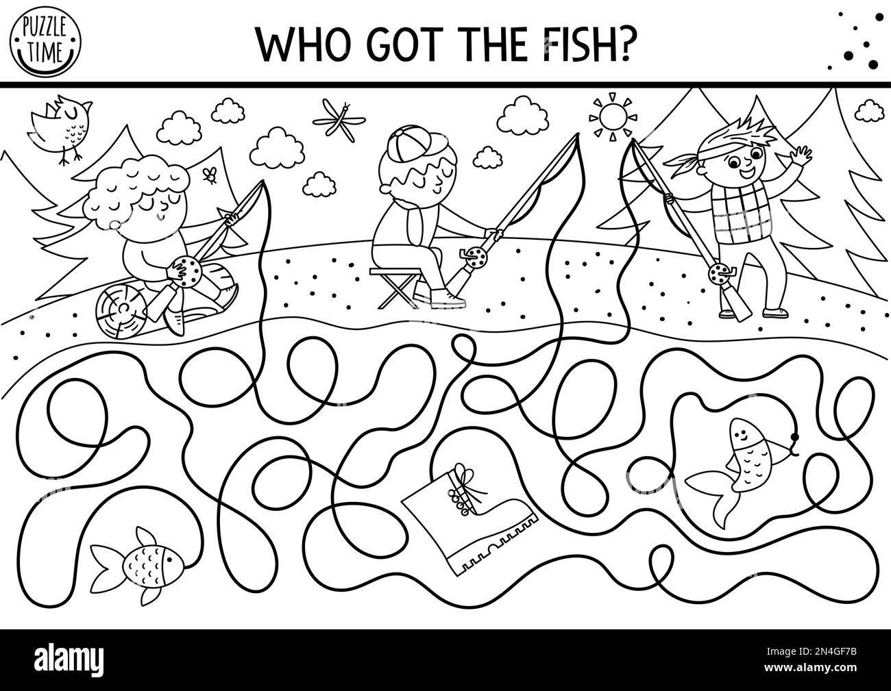 Labyrinthe de camp d'été noir et blanc pour les enfants. Les fêtes ...