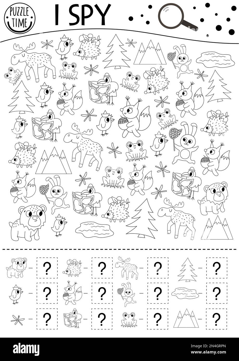 Forêt J'espionne le jeu noir et blanc pour les enfants. Recherche et ...