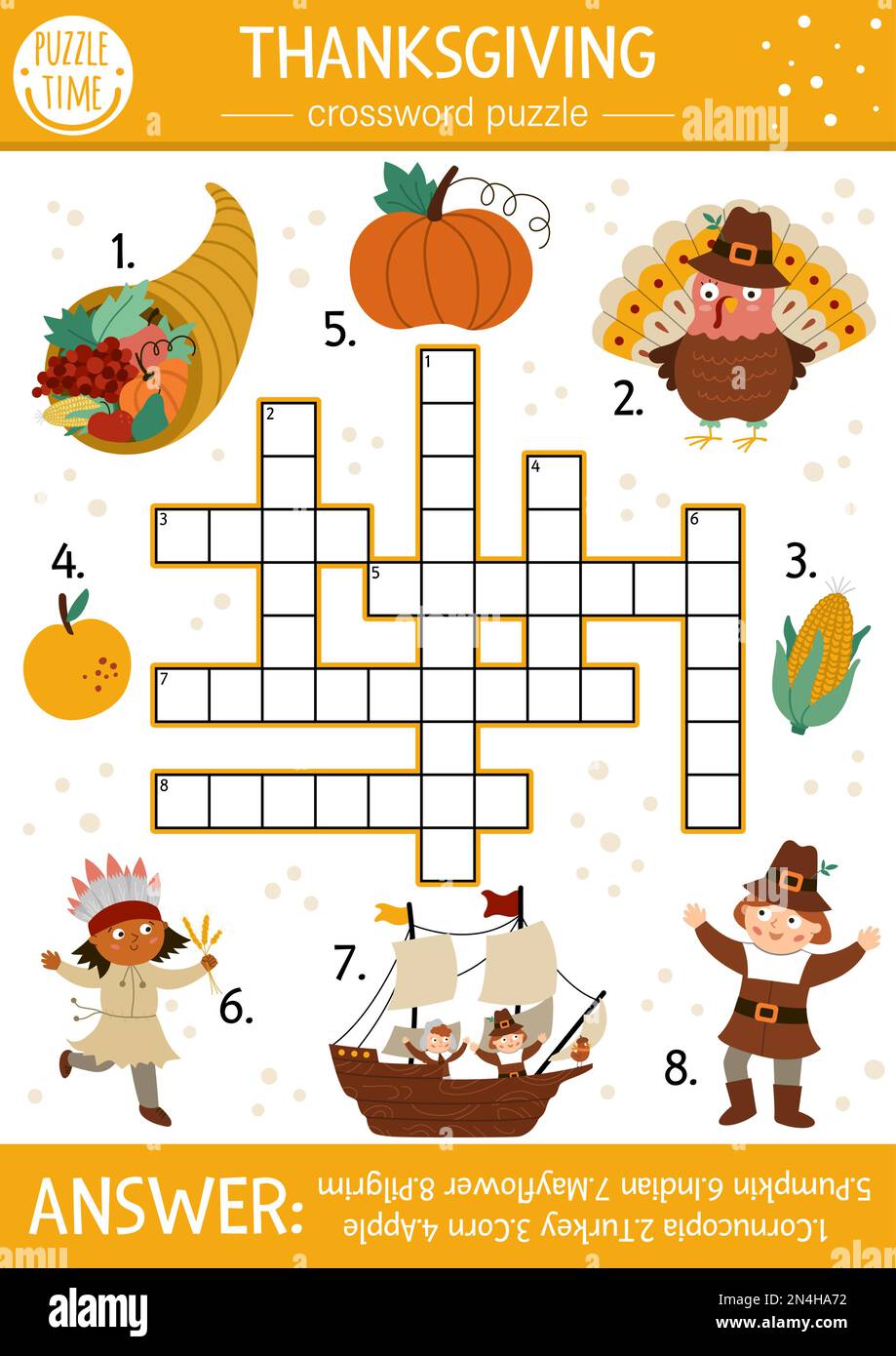 Jeu de mots croisés Vector Thanksgiving pour les enfants. Quiz d ...