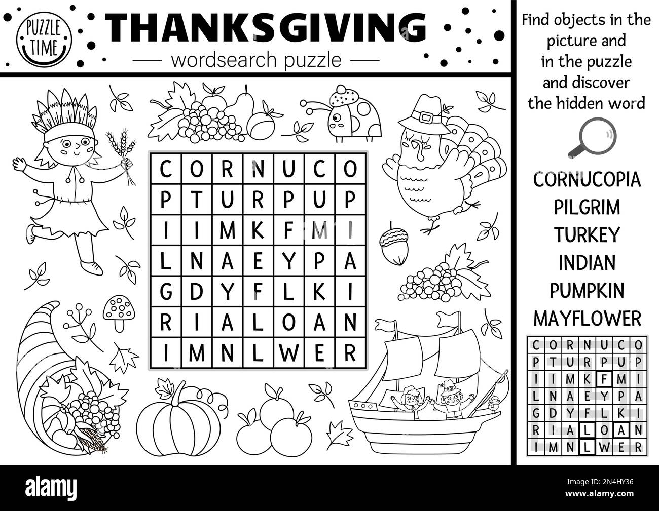Vector Thanksgiving noir et blanc wordsearch puzzle pour les enfants ...