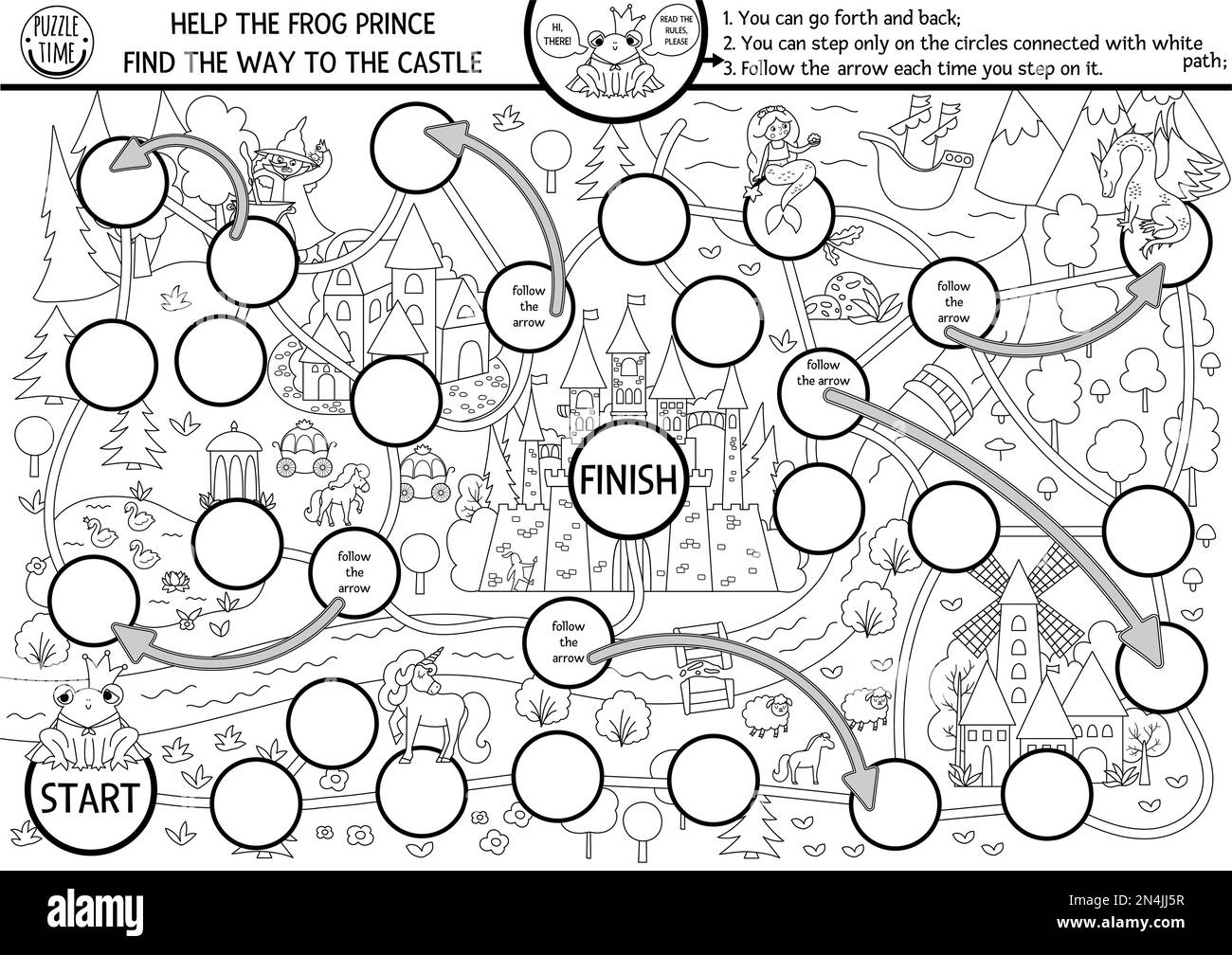 Jeu de dés noir et blanc de conte de fées avec carte du village ...