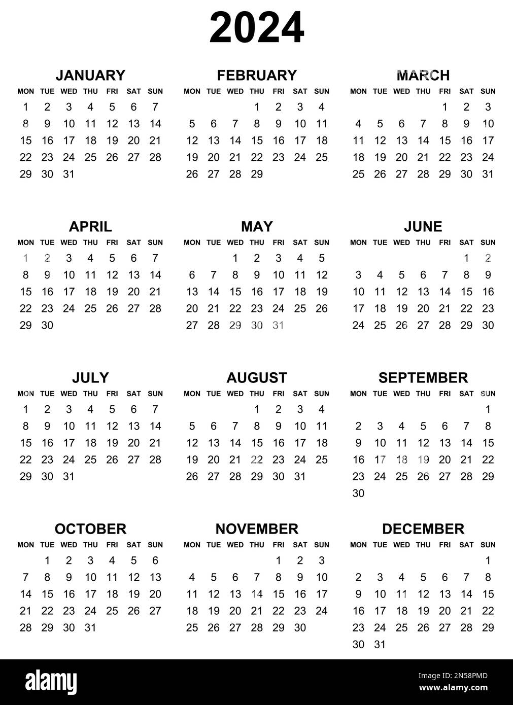 Calendrier vectoriel simple modifiable pour l'année 2024 lundi premier ...