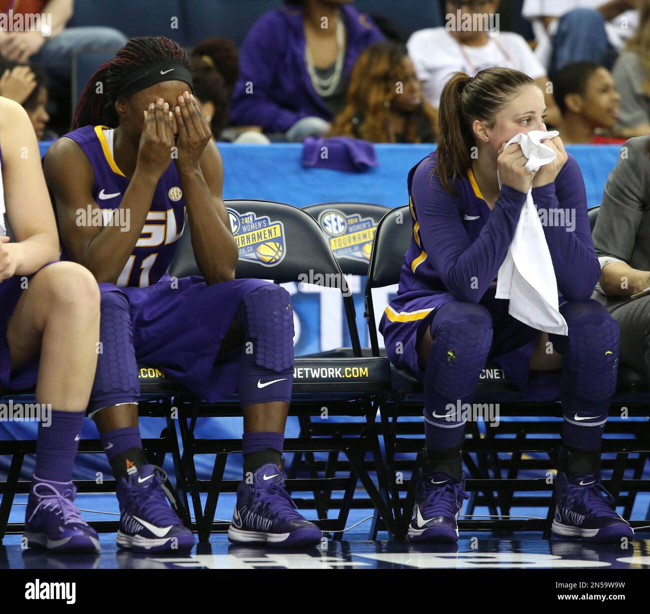 LSU guard Raigyne Moncrief, left, and guard Jeanne Kenney react on the ...