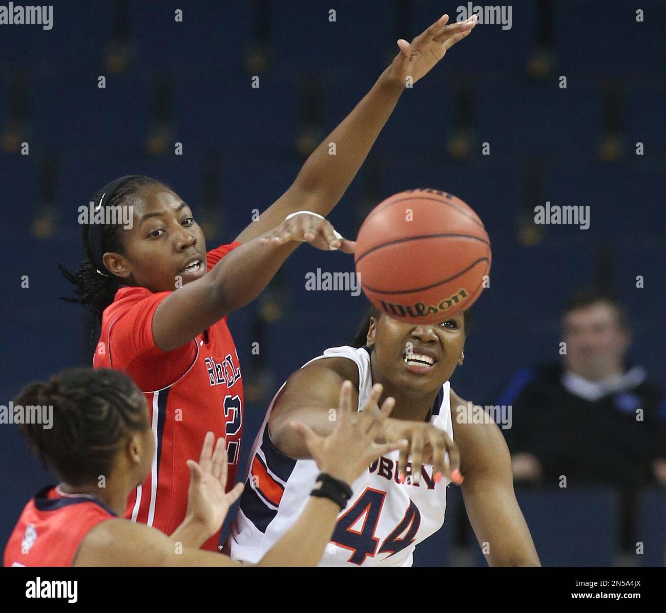 Auburn forward/center Tra'Cee Tanner (44) passes as Mississippi forward ...