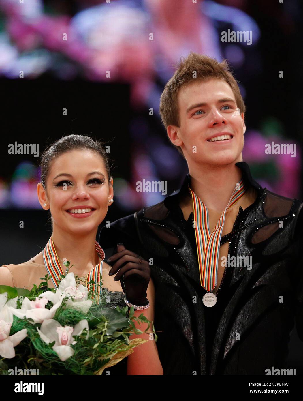 Russia's Elena Ilinykh and Nikita Katsalapov pose with their silver medals during the medals ...