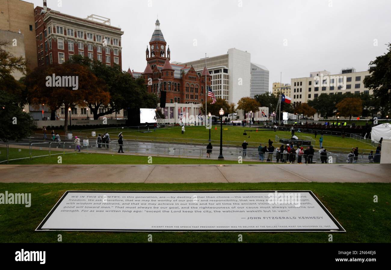 A plaque displaying part of the speech President John F. Kennedy was to give the day he was ...
