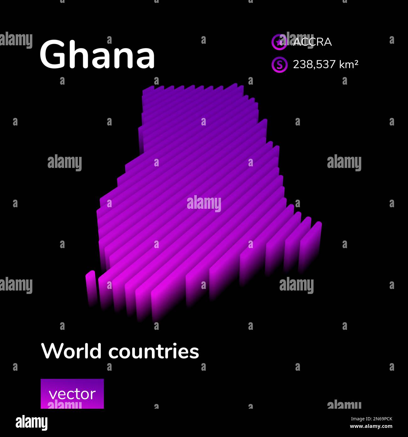 3D carte du Ghana. Vecteur stylisé rayé isométrique la carte du Ghana ...