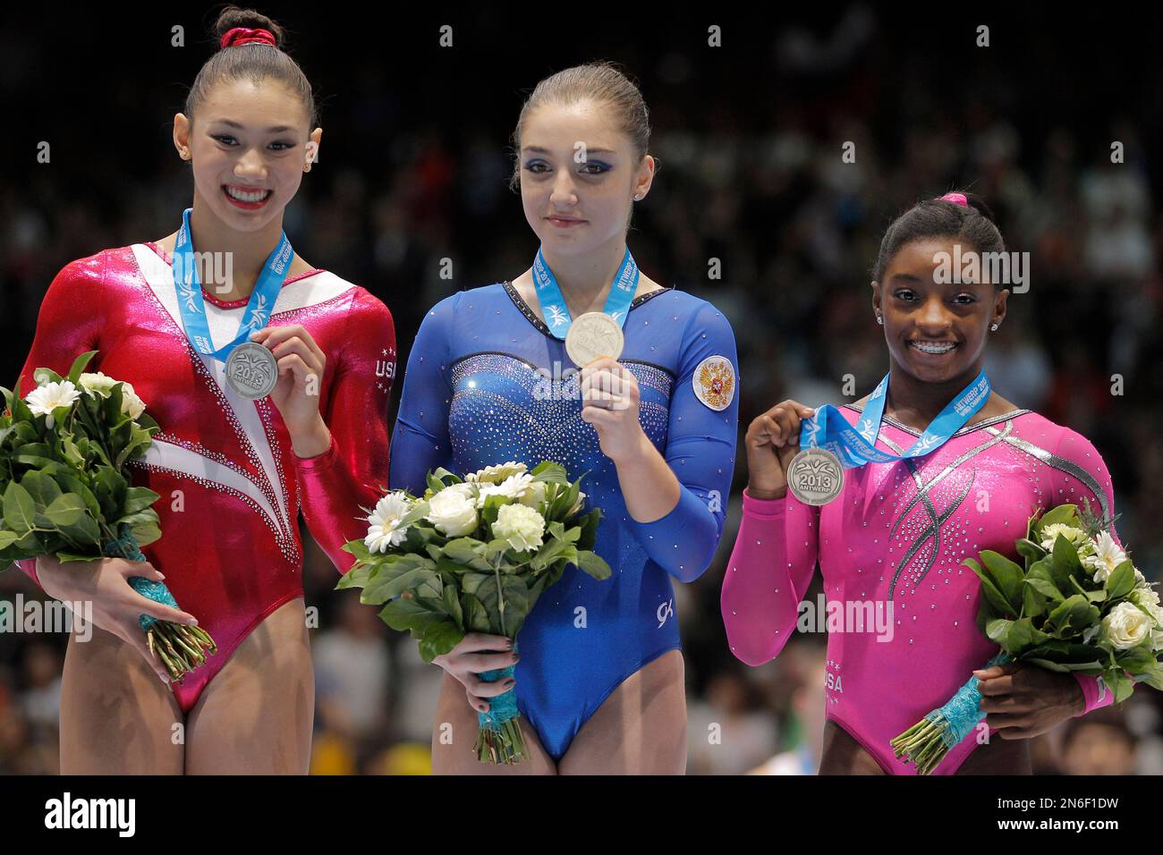 U.S. gymnast Kyla Ross, left and silver medal, Alya Mustafina of Russia ...