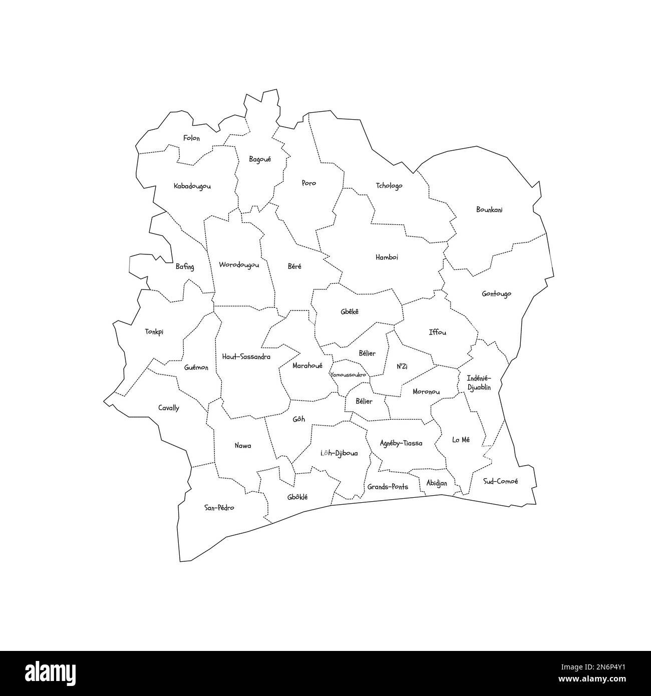 Côte d'Ivoire carte politique des divisions administratives - régions et districts autonomes ...