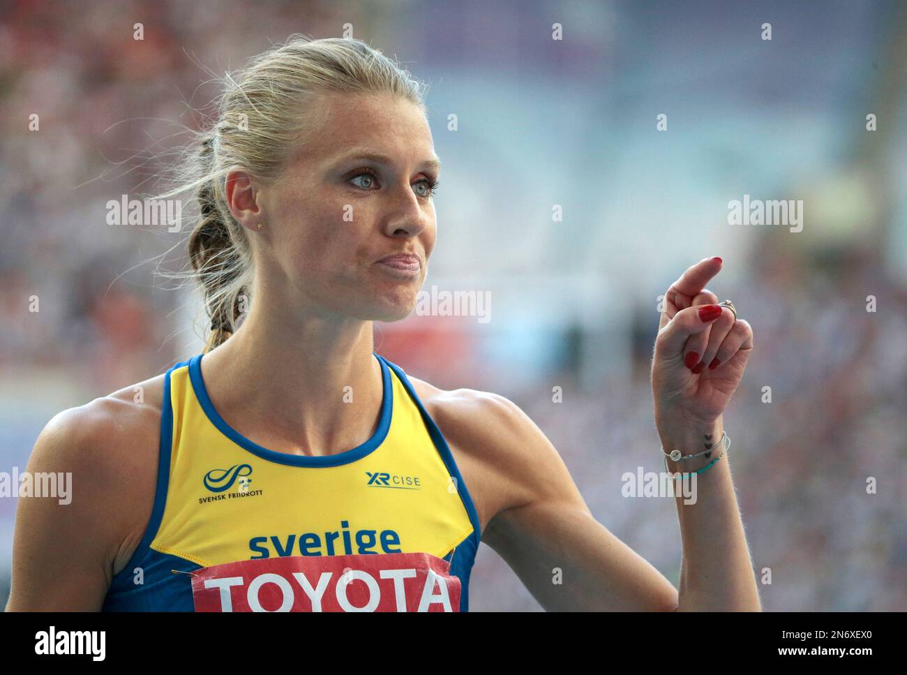 Sweden's Emma Green Tregaro reacts after an attempt in the women's high ...