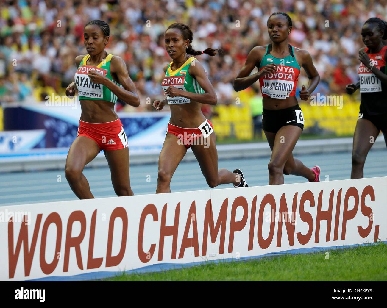 Bronze medal winner Almaz Ayana of Ethiopia, gold medal winner Meseret ...