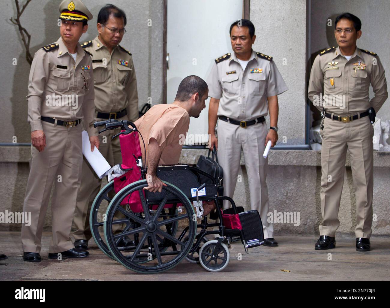 Iranian suspect bomber Saeid Moradi, on a wheelchair, arrives for a hearing at South Criminal ...