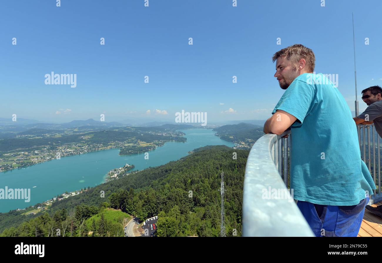 Vistors enjoy the view from the new Pyramidenkogel look-out tower in ...