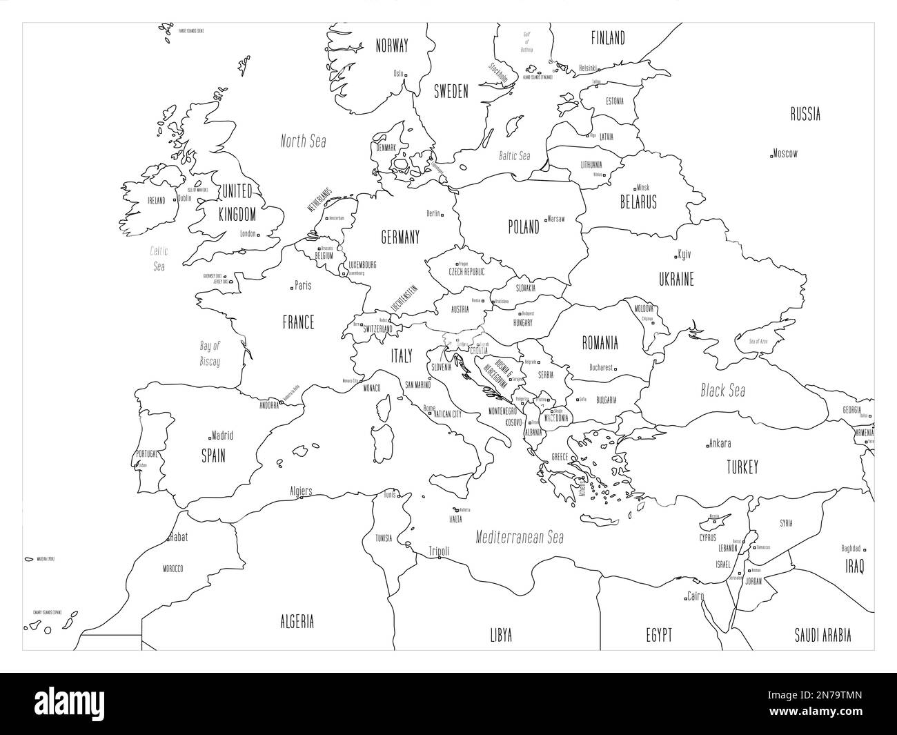 Carte politique de l'Europe continentale. Carte illustrée en noir de ...