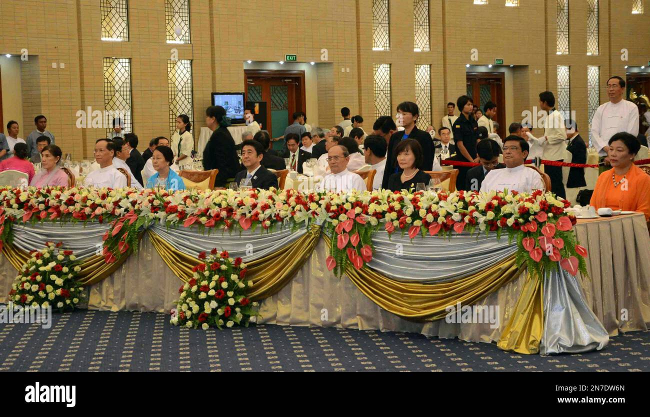 Myanmar President Thein Sein, center right, his wife Khin Khin Win, third from left, Japanese ...