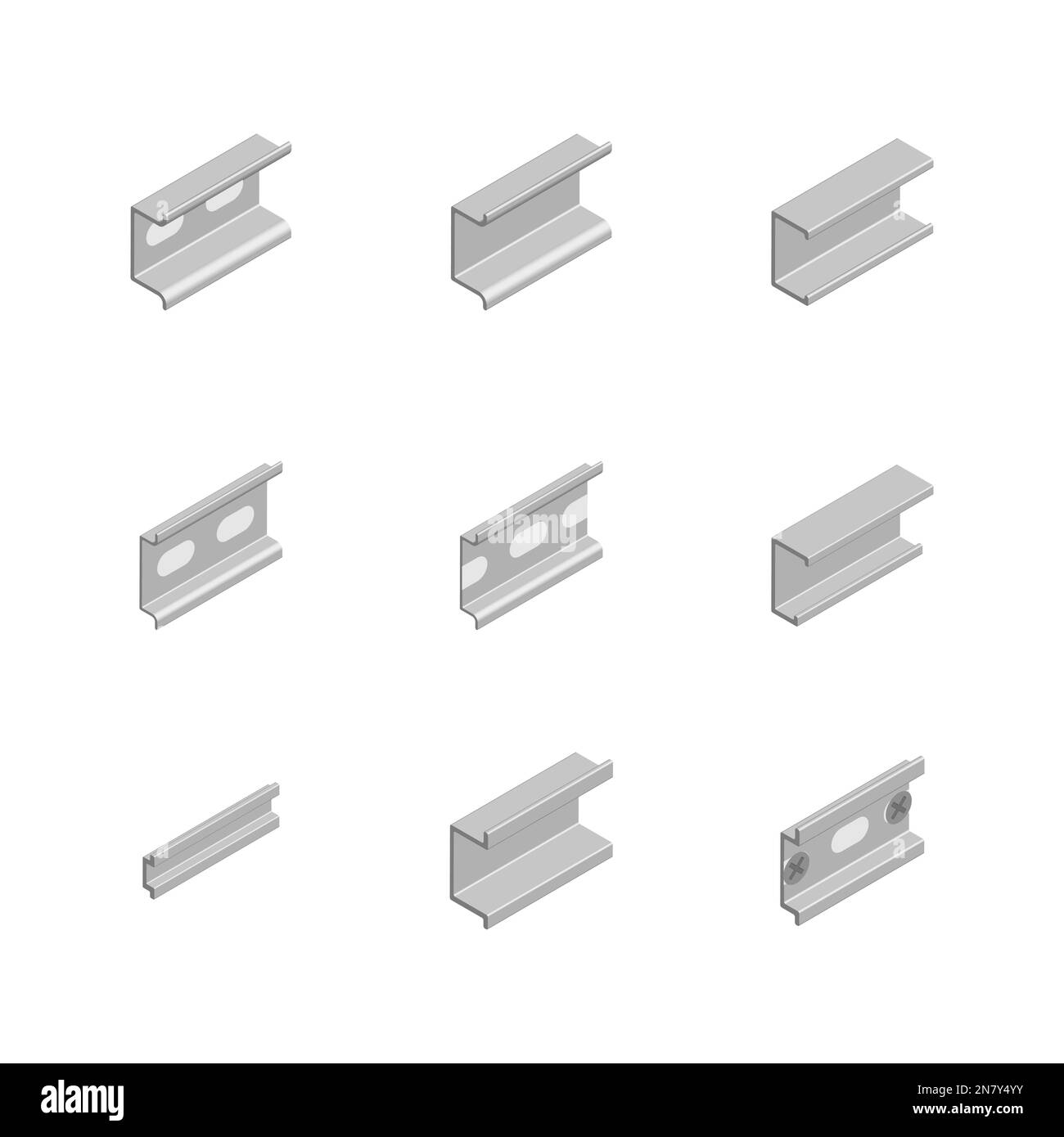 Ensemble de différents types de rail DIN sur fond blanc. 3D style ...