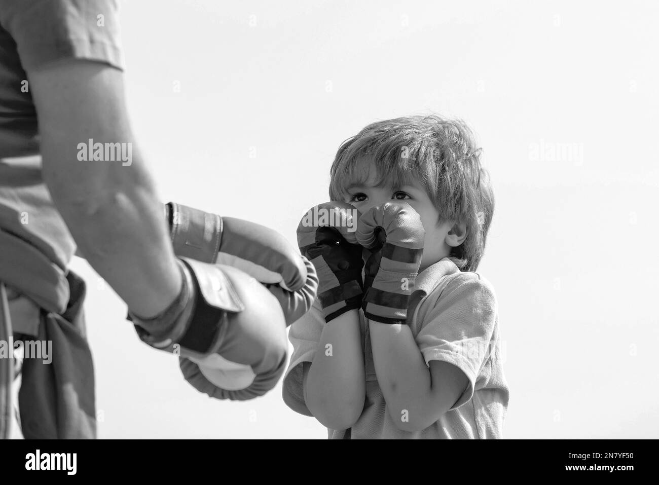 Grand-père et petit-fils combattant en bonne santé avec des gants de ...
