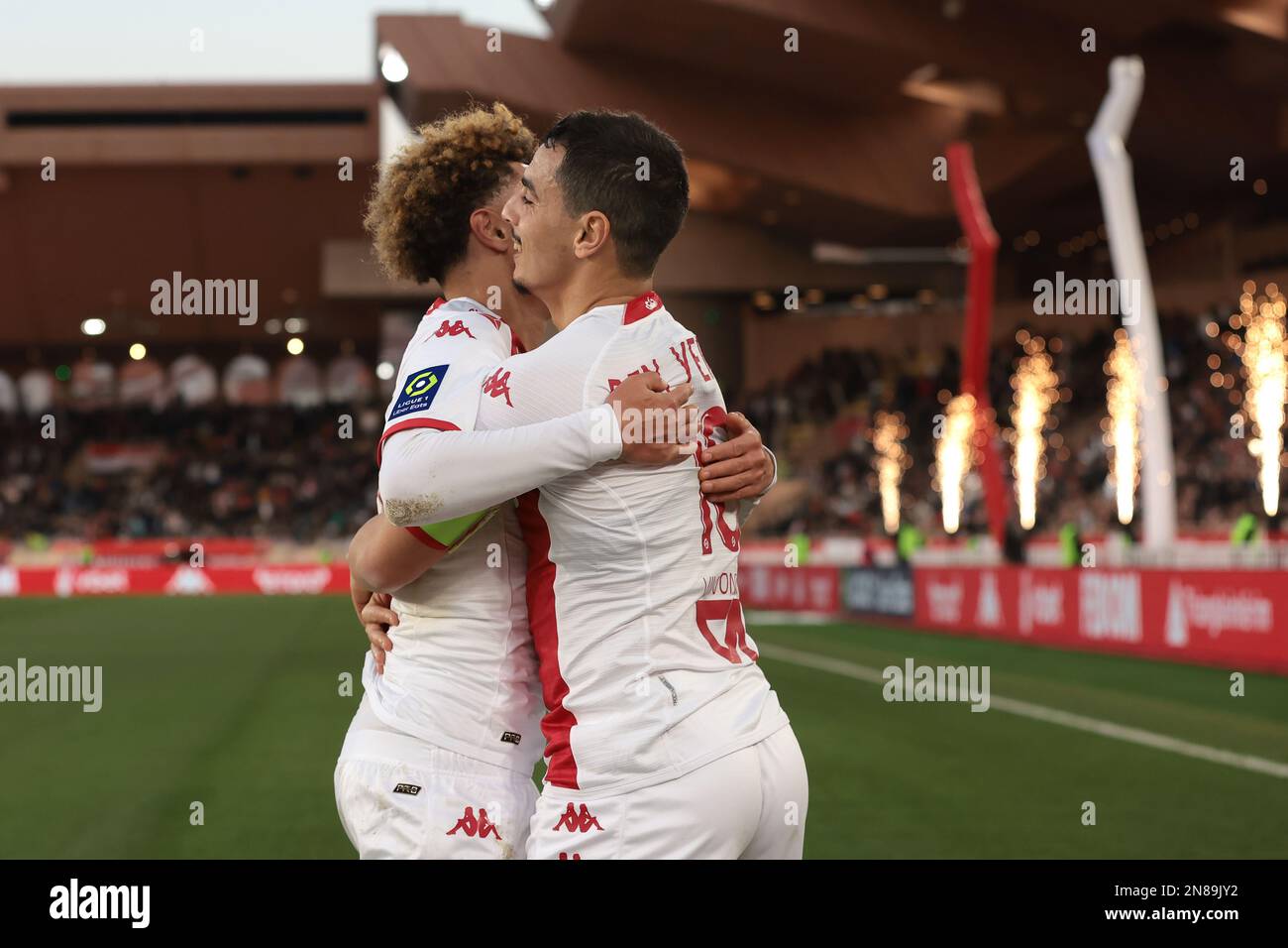 Monaco, Monaco, le 11th février 2023. Wissam Ben Yedder d'AS Monaco fête avec le coéquipier ...
