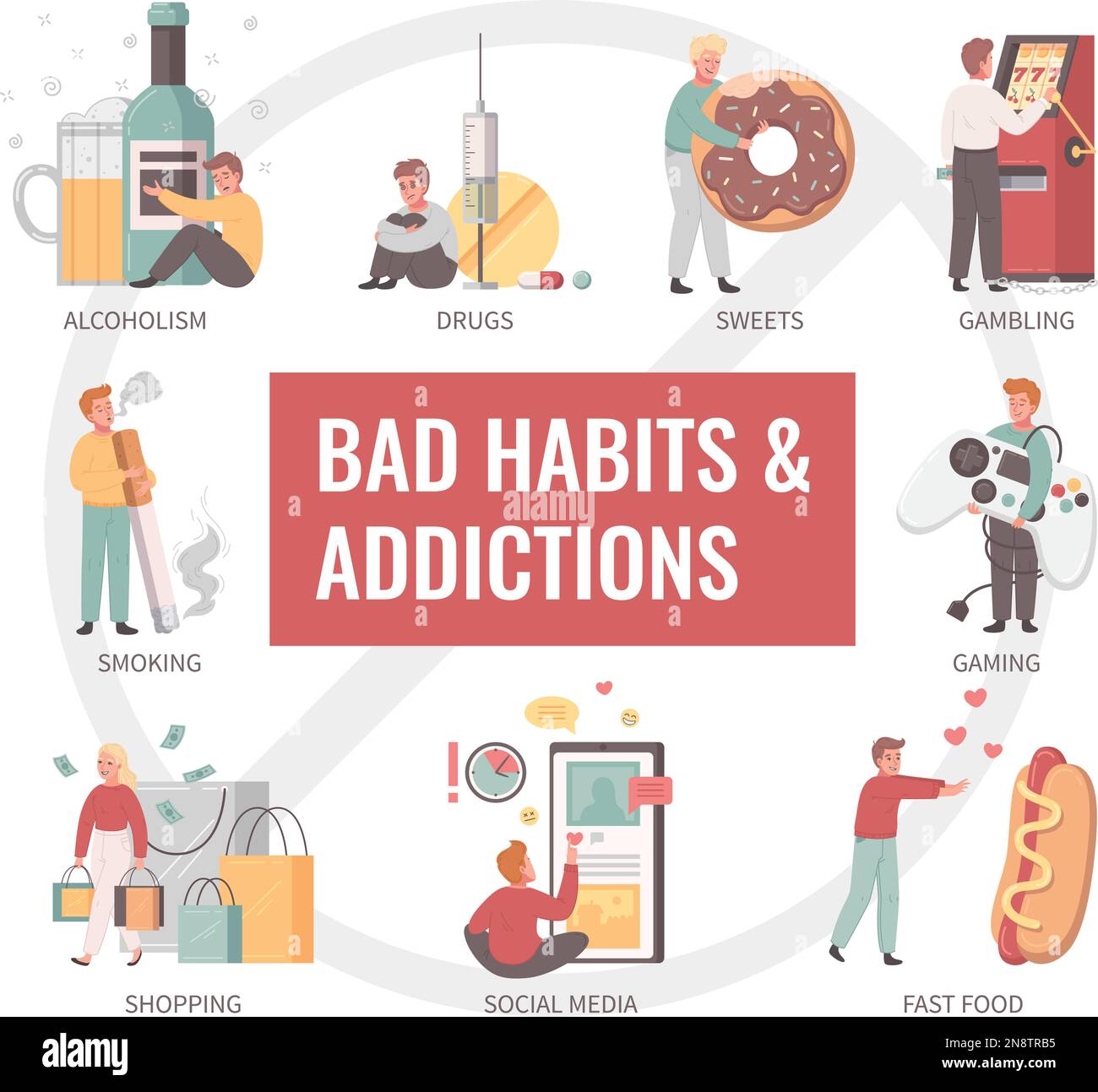 Mauvaise habitudes concept de dessin animé avec des symboles de ...