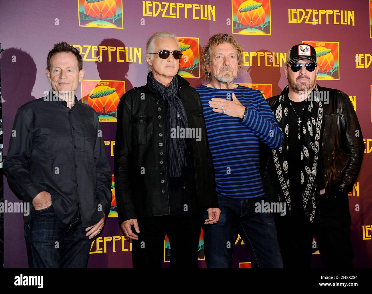 Led Zeppelin, from left, bassist/keyboardist John Paul Jones, guitarist ...