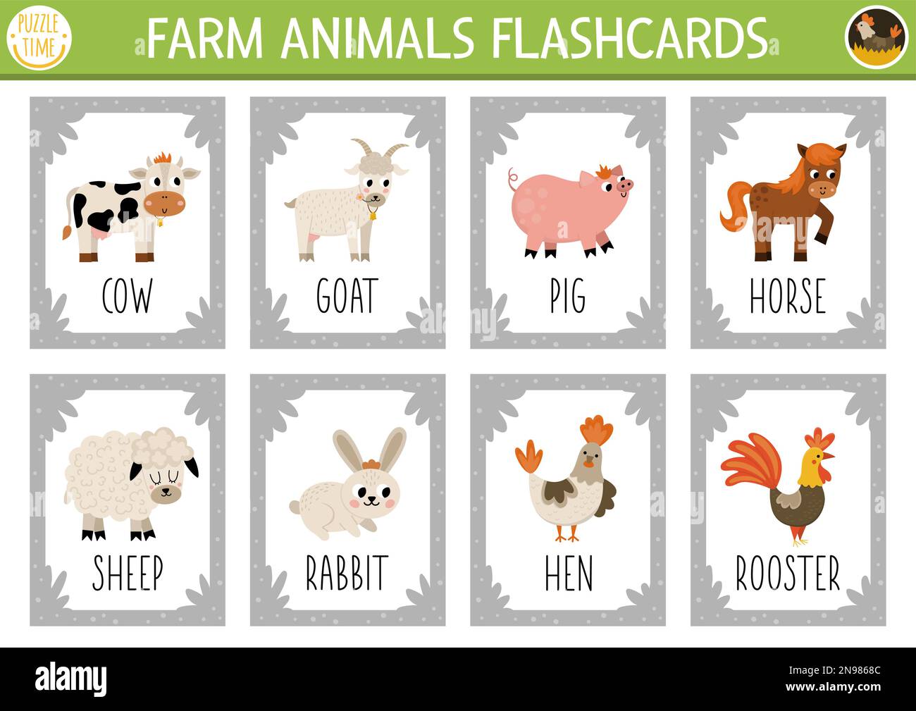 Cartes flash vectorielles avec animaux de ferme. Jeu de langue anglaise ...