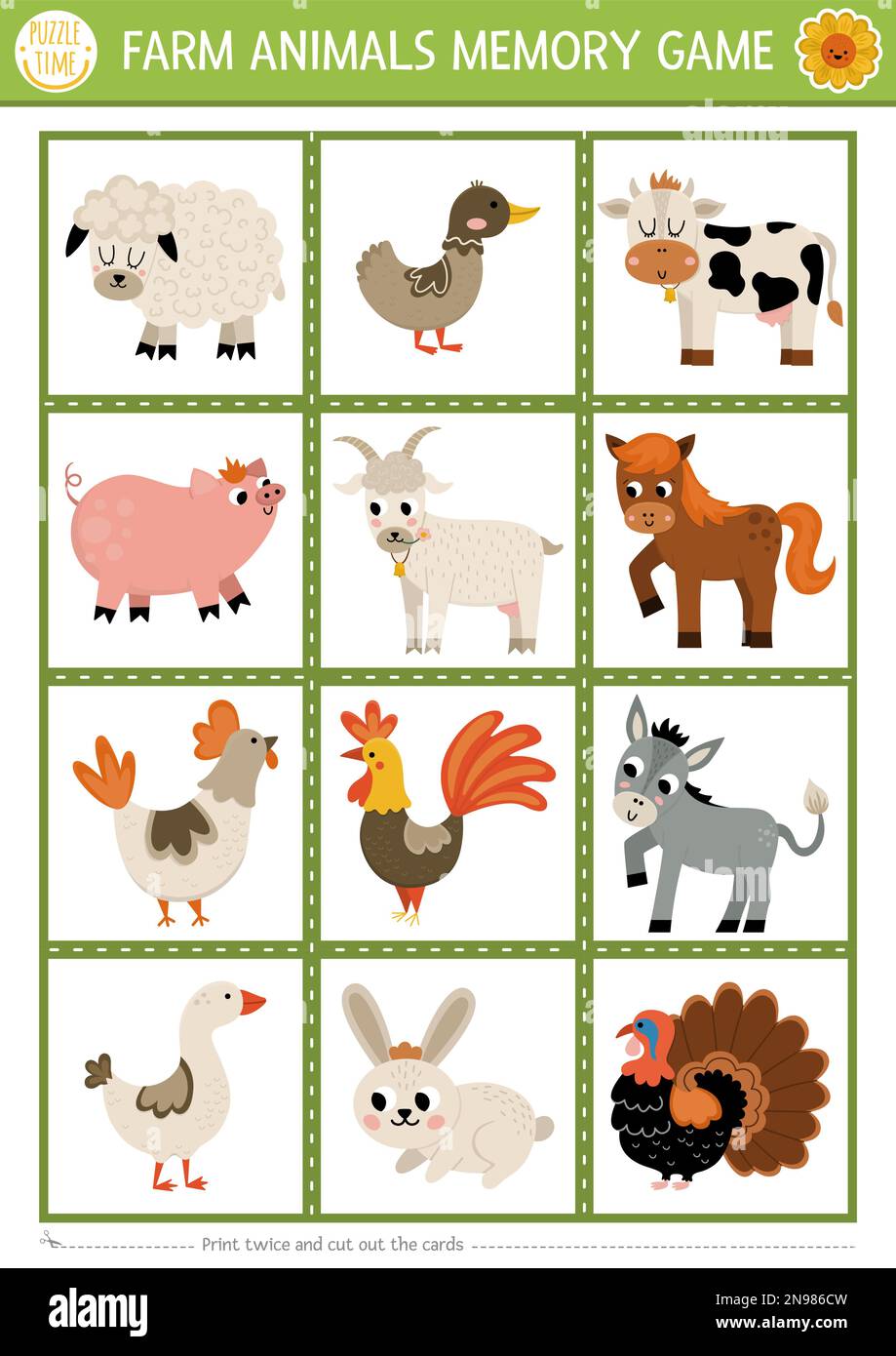 Cartes de jeux de mémoire pour animaux de ferme et oiseaux avec de ...