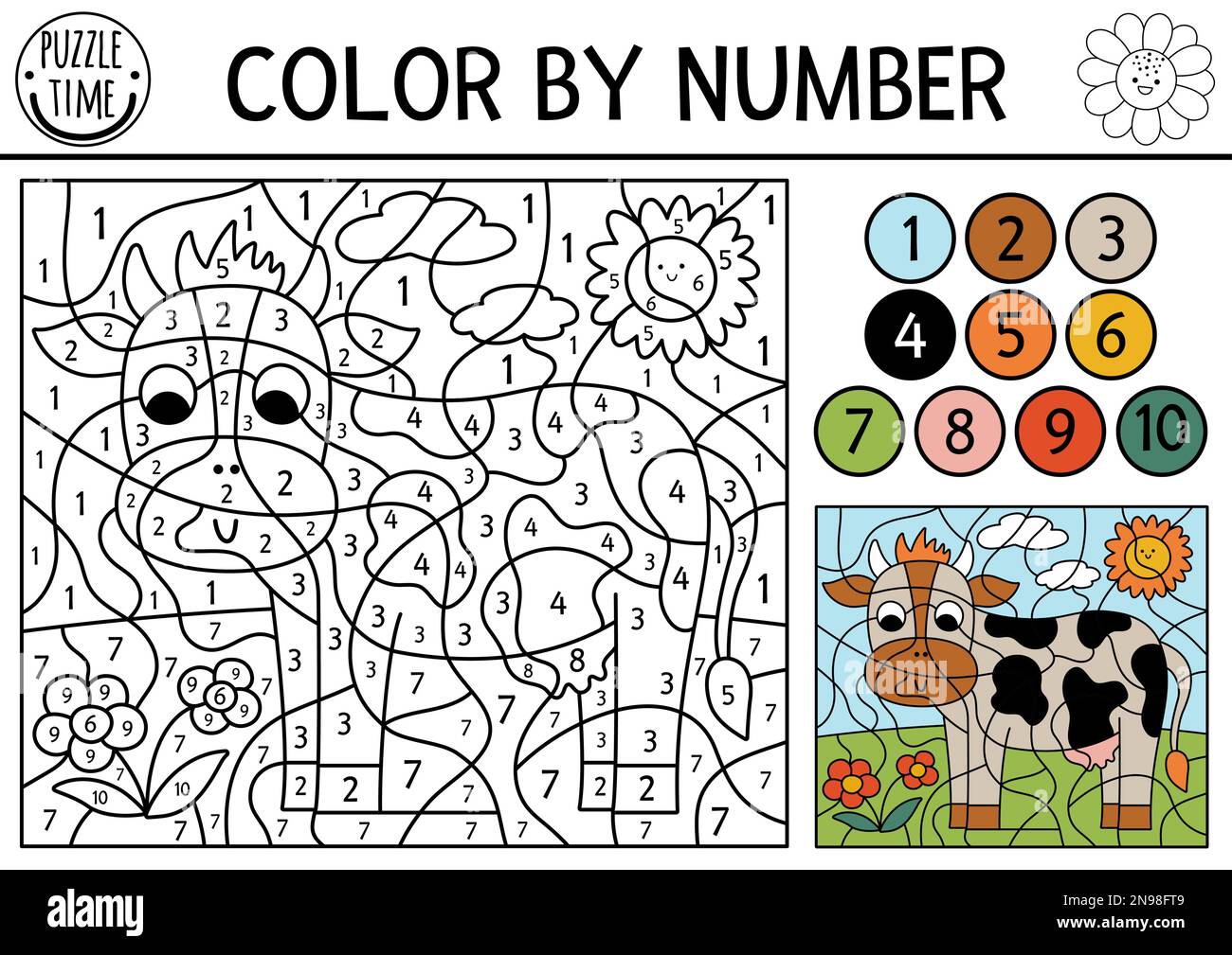 Vecteur sur la ferme couleur par nombre activité avec la vache dans le ...