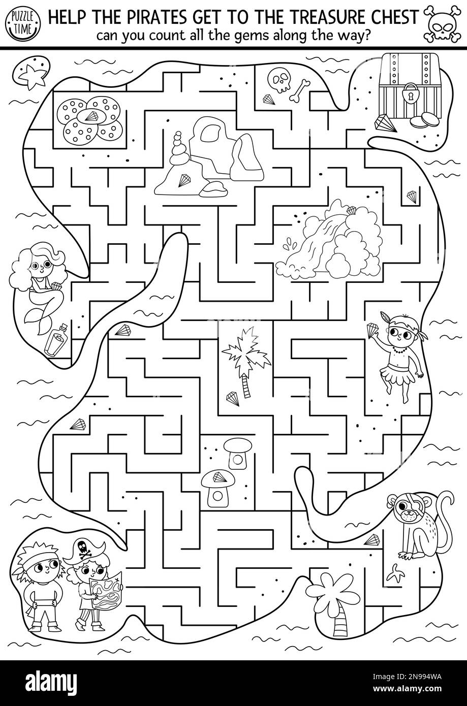 Labyrinthe noir et blanc pirate pour les enfants avec une île au Trésor ...