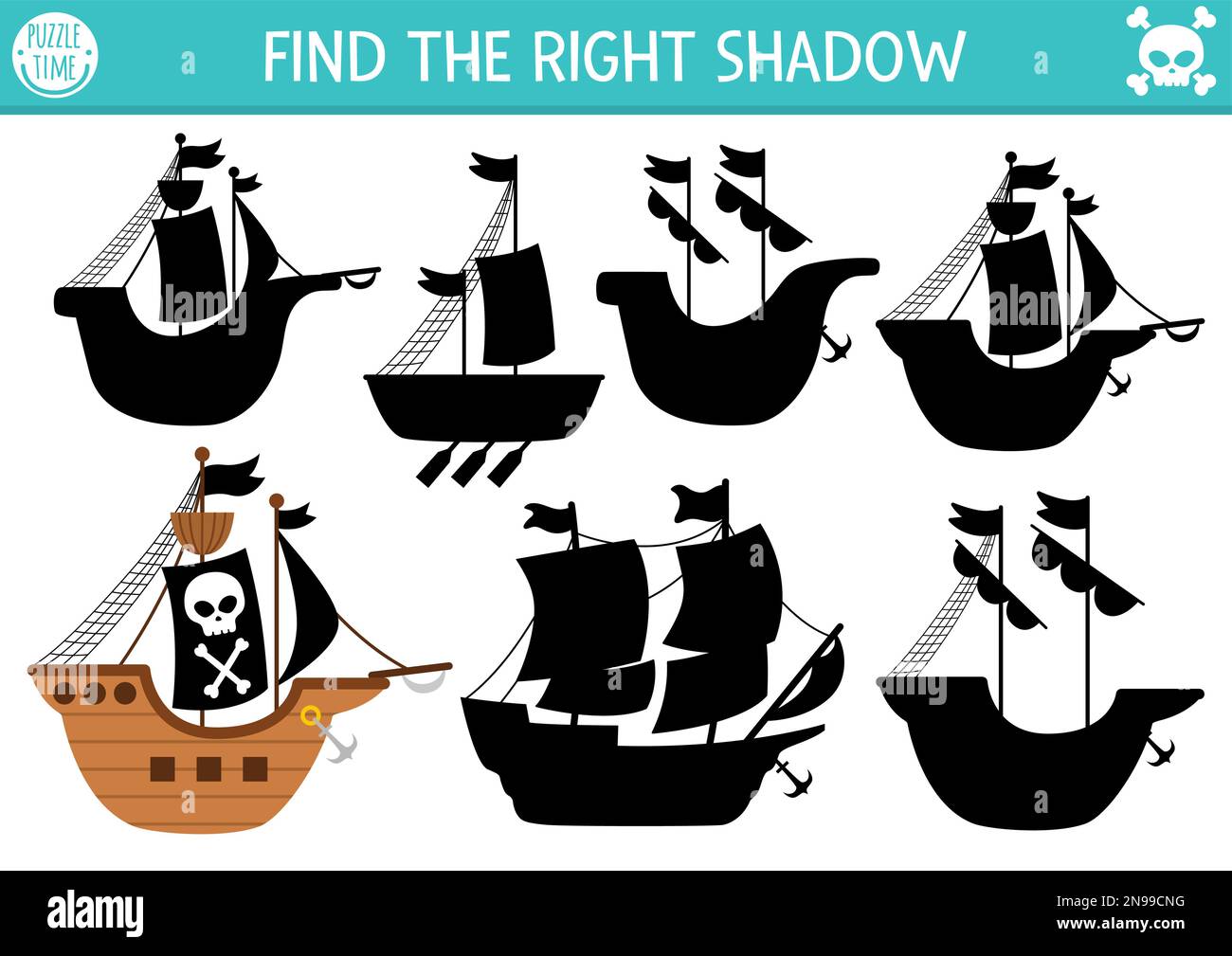 Activité d'appariement d'ombres pirates. Trésor île chasse puzzle avec ...