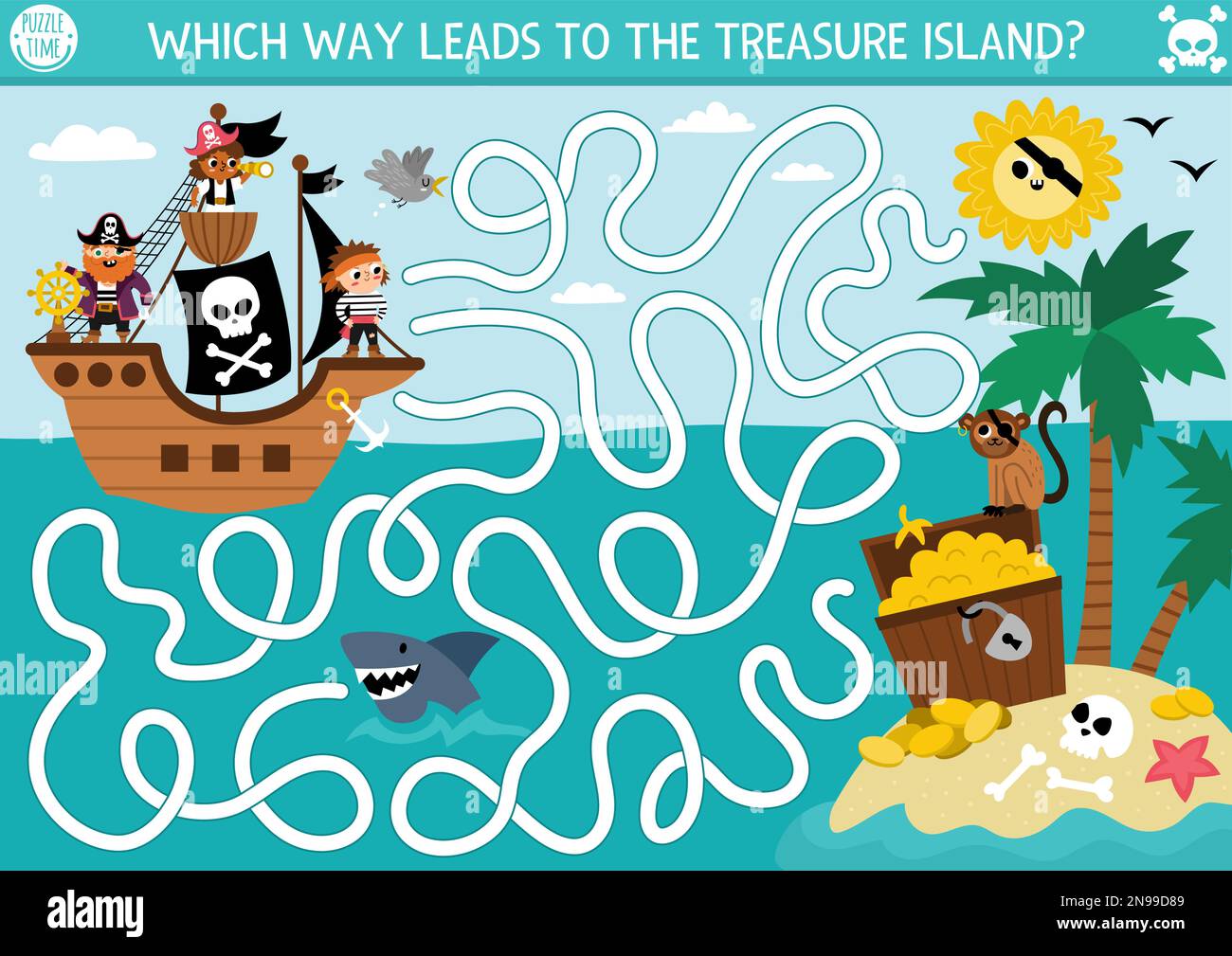 Labyrinthe de pirates pour les enfants avec paysage marin, navire, île ...