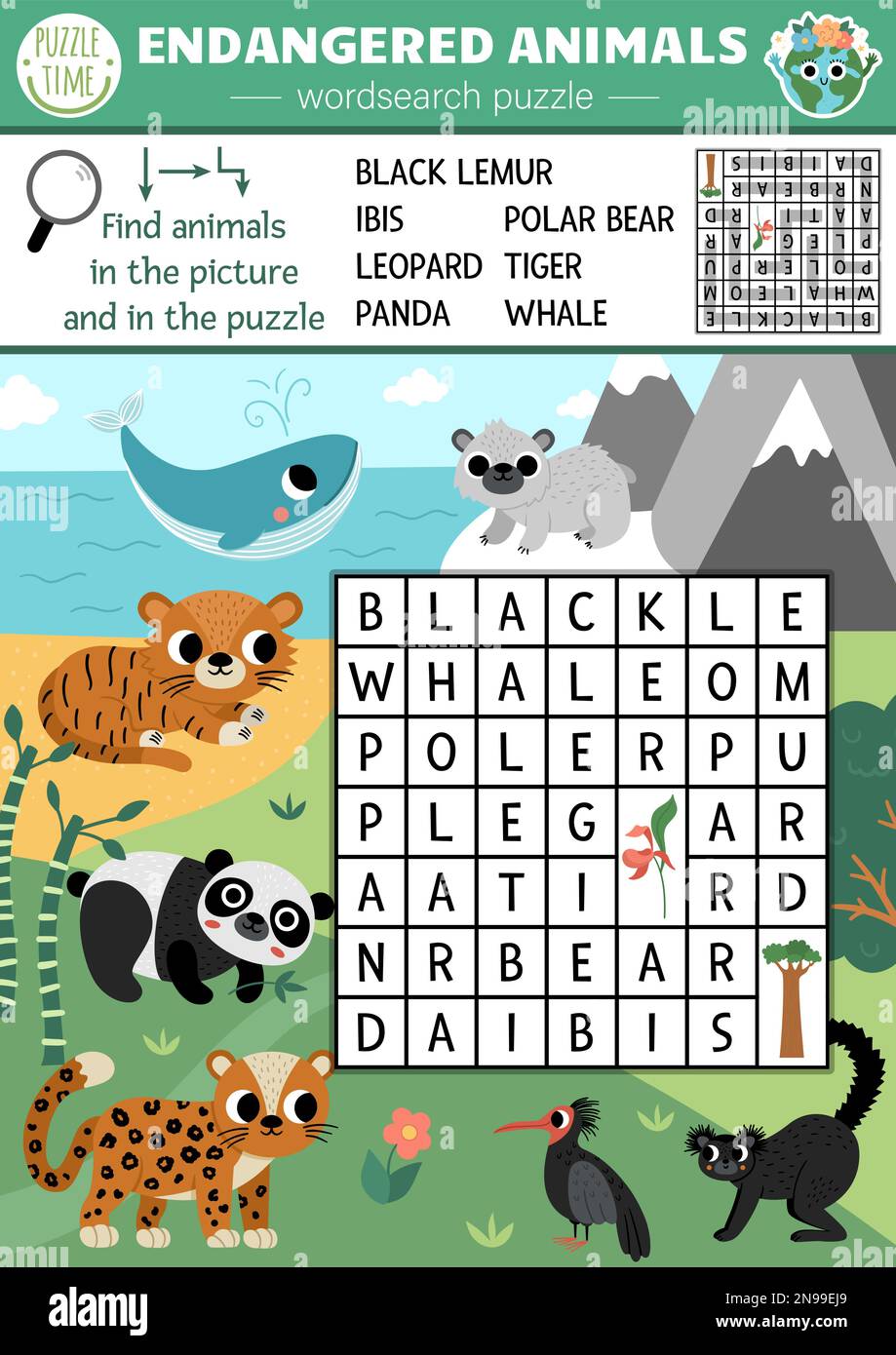 Vecteur écologique wordsearch puzzle pour les enfants avec des espèces ...