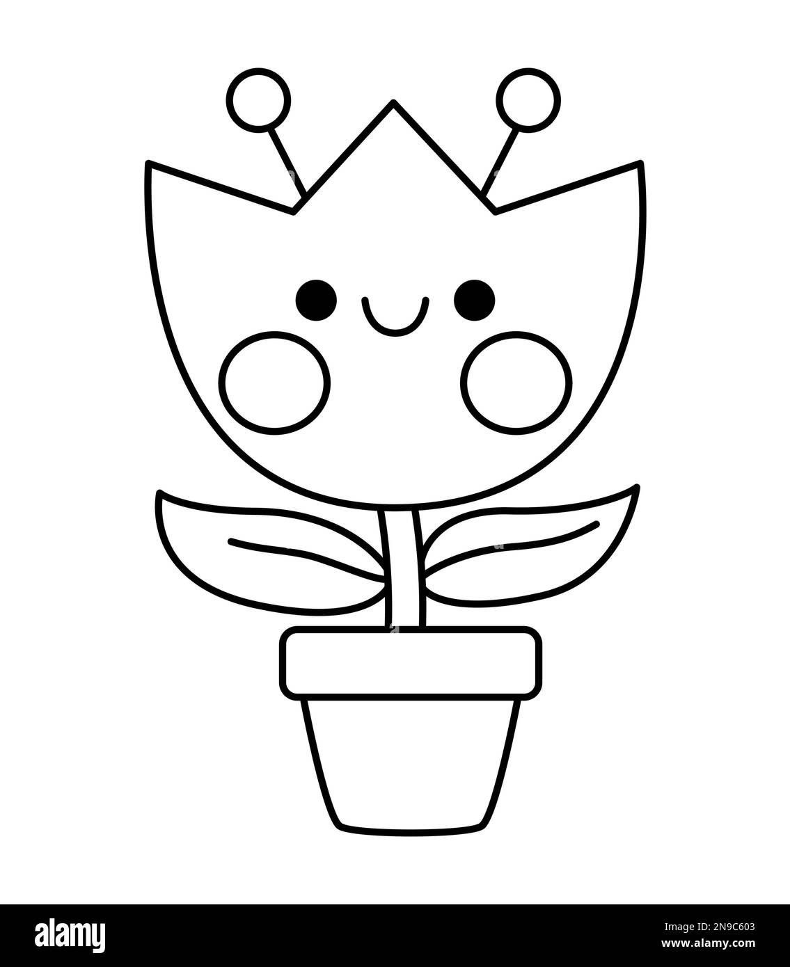 Pot de fleurs de kawaii noir et blanc vectoriel avec icône tulipe pour ...