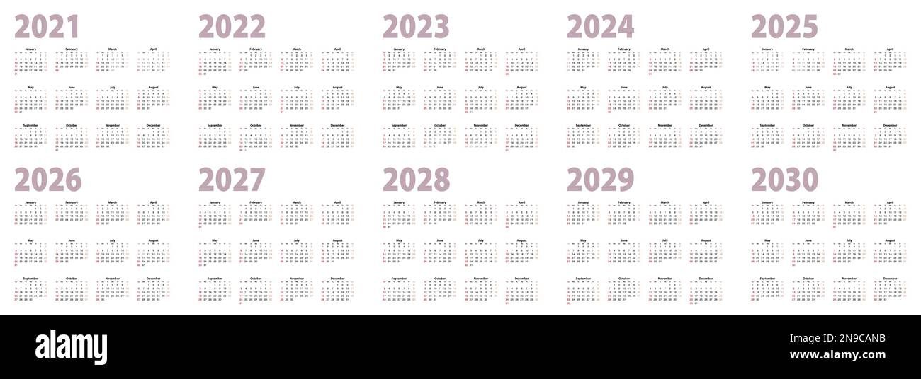 Calendrier en version de base pour 2021, 2022, 2023, 2024, 2025, 2026, 2027, 2028, 2029, 2030 ...