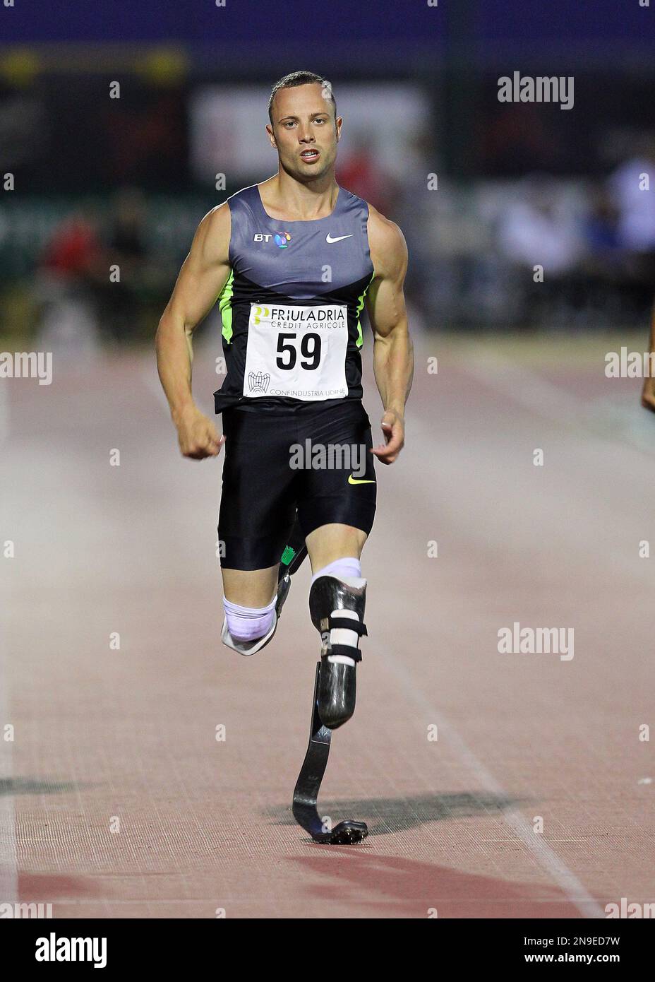 Double-amputee sprinter, South African Oscar Pistorius, competes in a ...