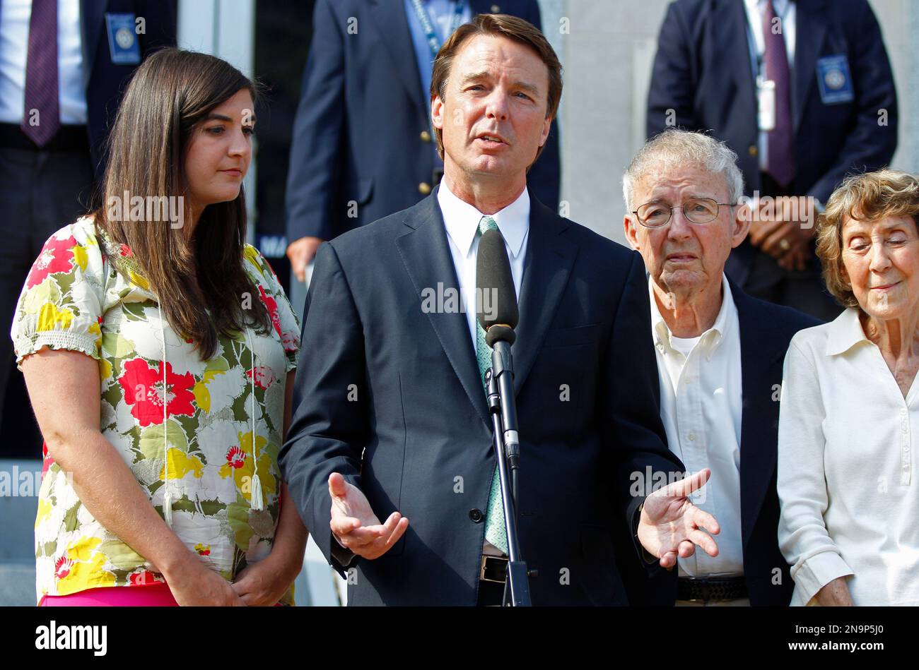 John Edwards, second from left, speaks outside a federal courthouse as ...