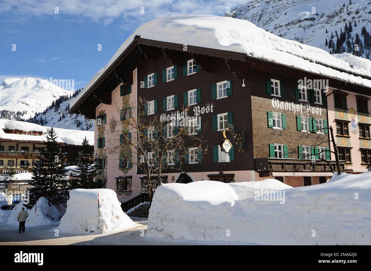 Outside view of Hotel Post in the skiing resort of Lech, western ...