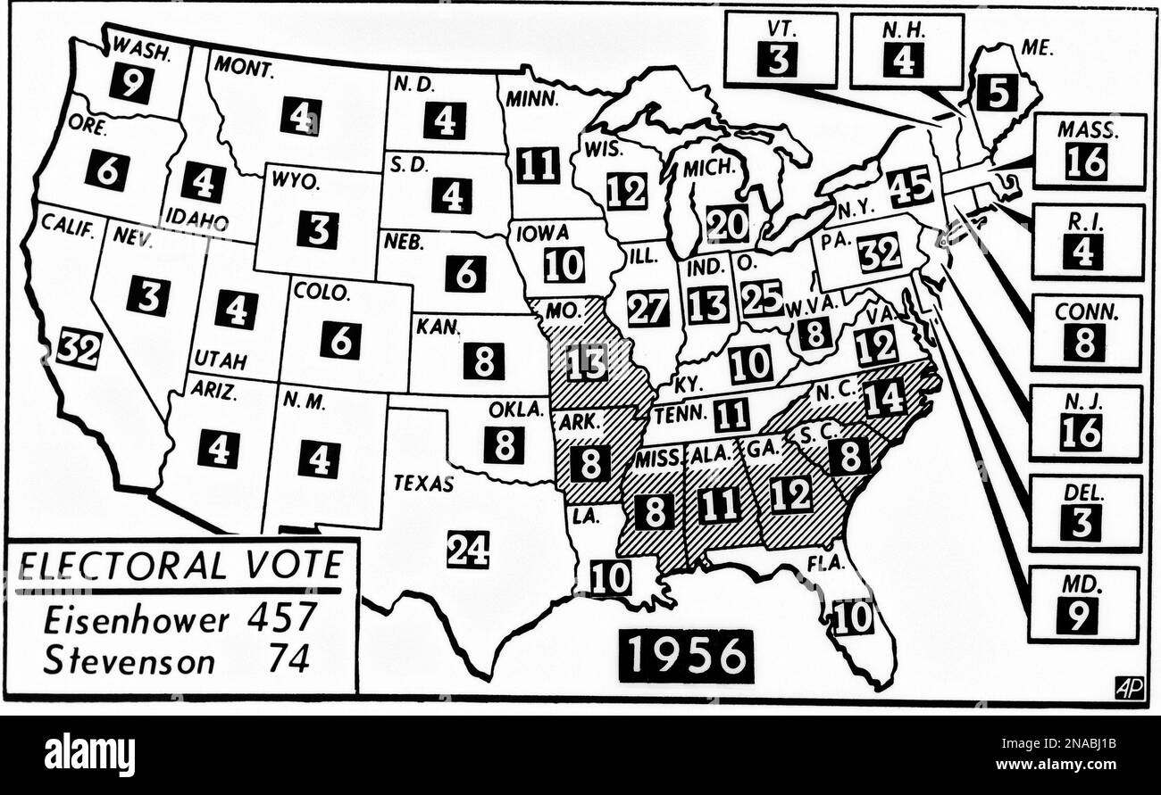 Map shows results of electoral vote in 1956, in which President Dwight ...