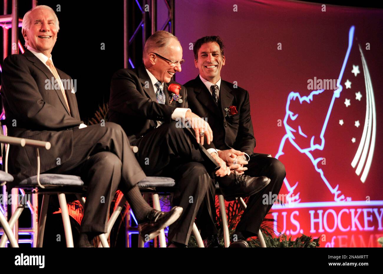 Inductees, from left, Ed Snider, Dr. Mike Emrick and Chris Chelios ...
