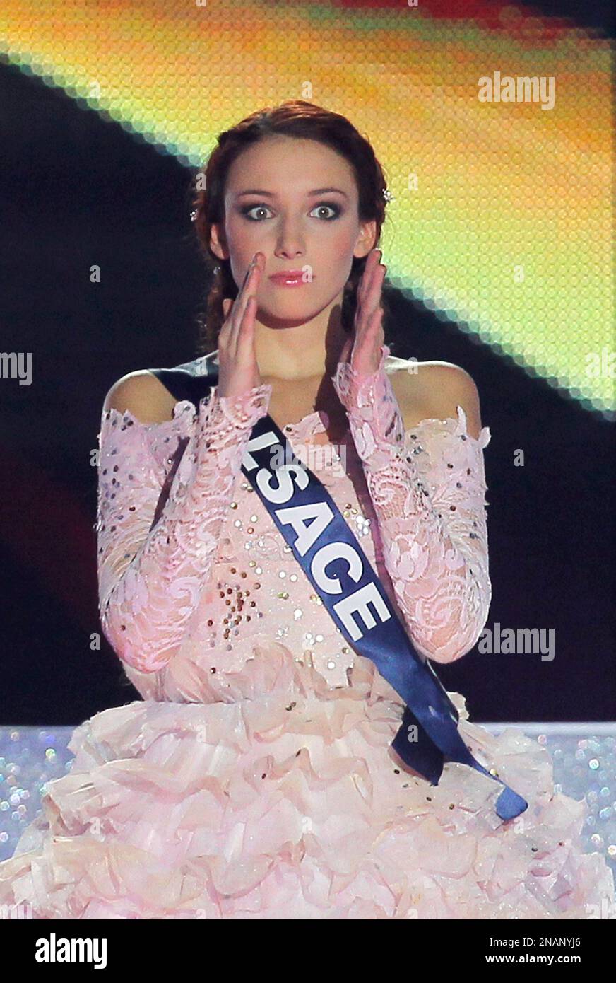 The Miss of Alsace region, Delphine Wespiser reacts as she is declared ...