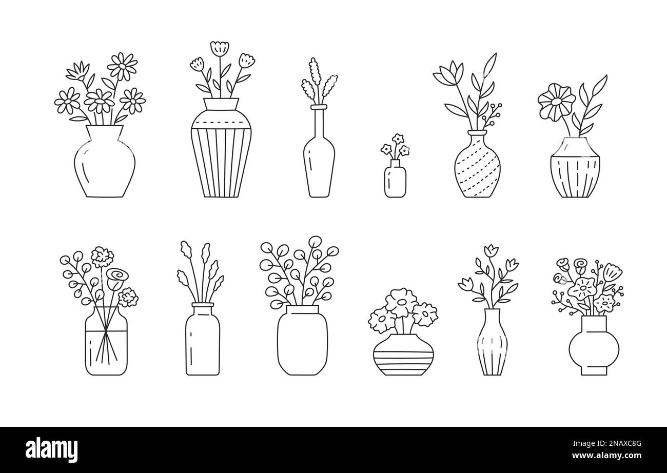 Fleur en vase Doodle illustration comprenant différents bouquets floraux. Dessin à la main ...