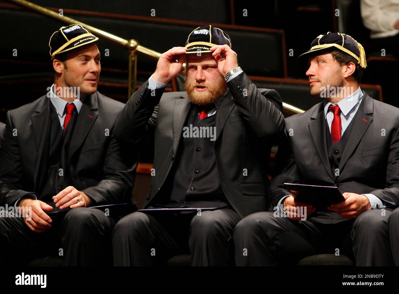 England rugby players from left, Matt Banahan, Dan Cole, and Mark Cueto ...